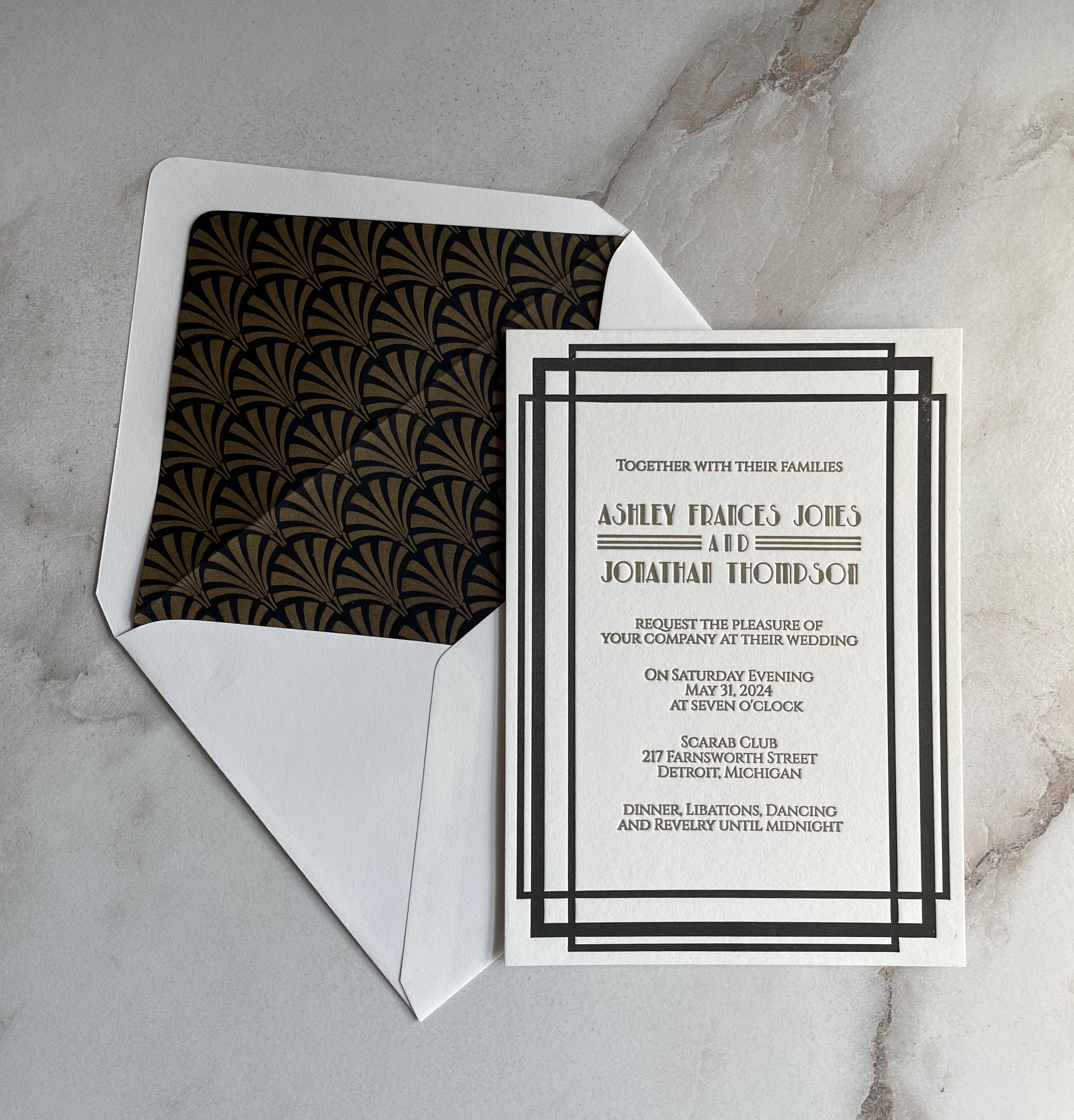 Art Deco Inspired 1920's Letterpress Wedding Invitation Handprinted ...