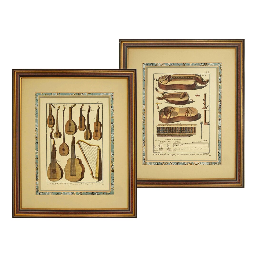 Musical String Instrument Framed Color Engraving Pair Set 2 Gift String ...