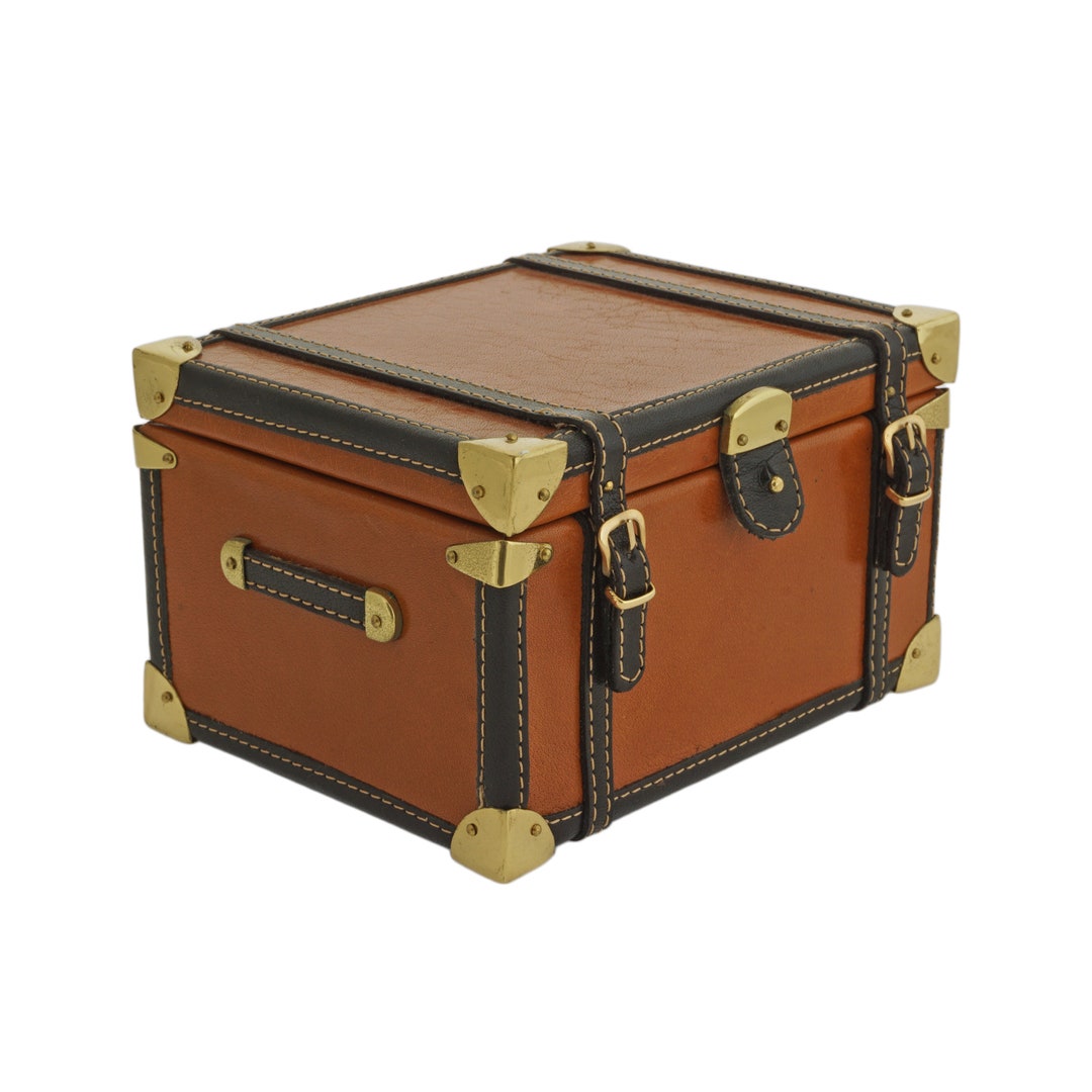 Steamer Trunk Box Brown Leather Box Hinged Lid Trinket Box Jewelry Box ...