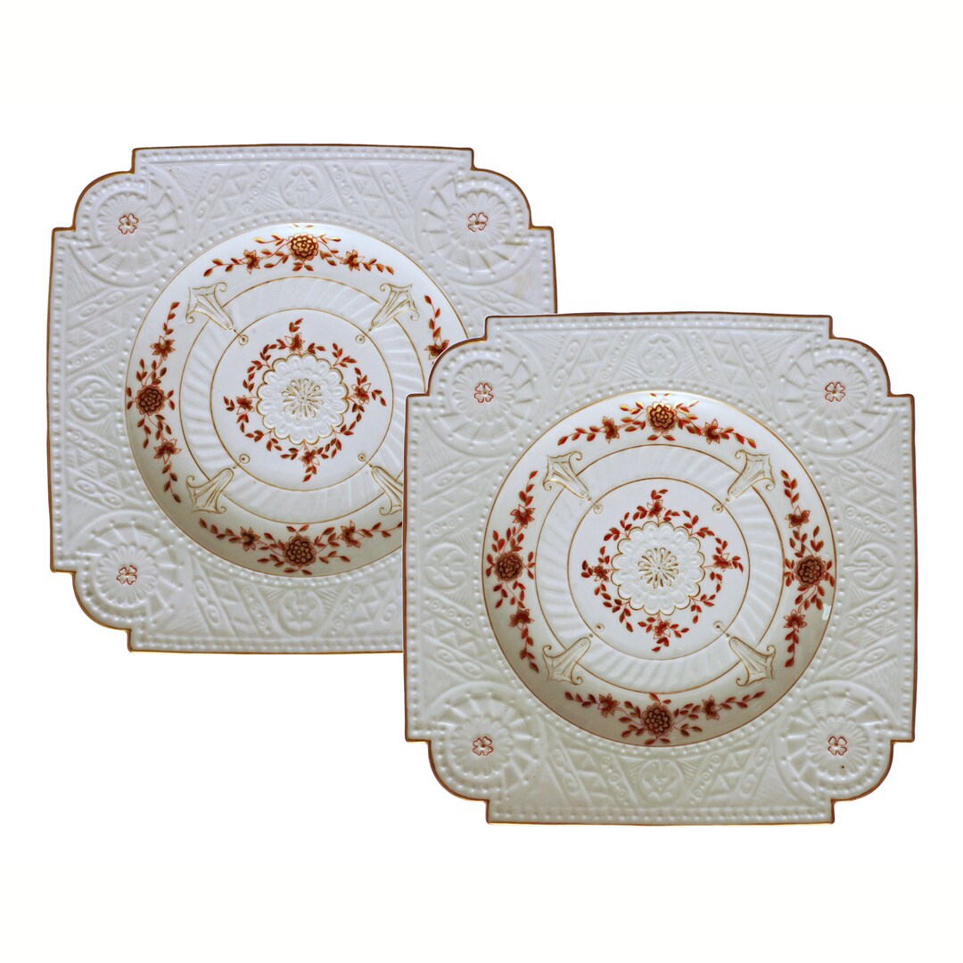 Pair Antique Square Plates Bohemia White Relief Ohme Wall Decor Cabinet ...
