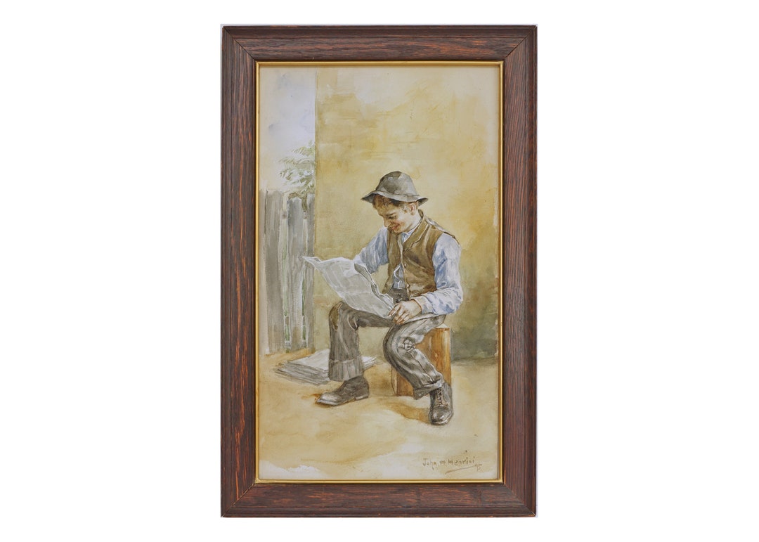Antique Watercolor Painting Paperboy Signed Henrici Oak Frame American ...
