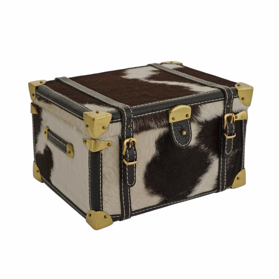 Steamer Trunk Box Cowhide Leather Box Hinged Lid Trinket Box Jewelry ...