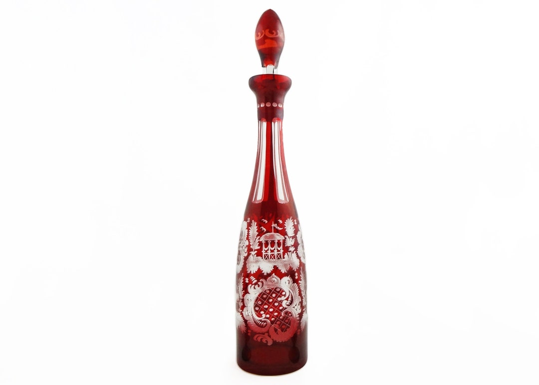 Red Bohemian Glass Decanter Egermann Style Tall Ruby Bottle Czech Gift ...