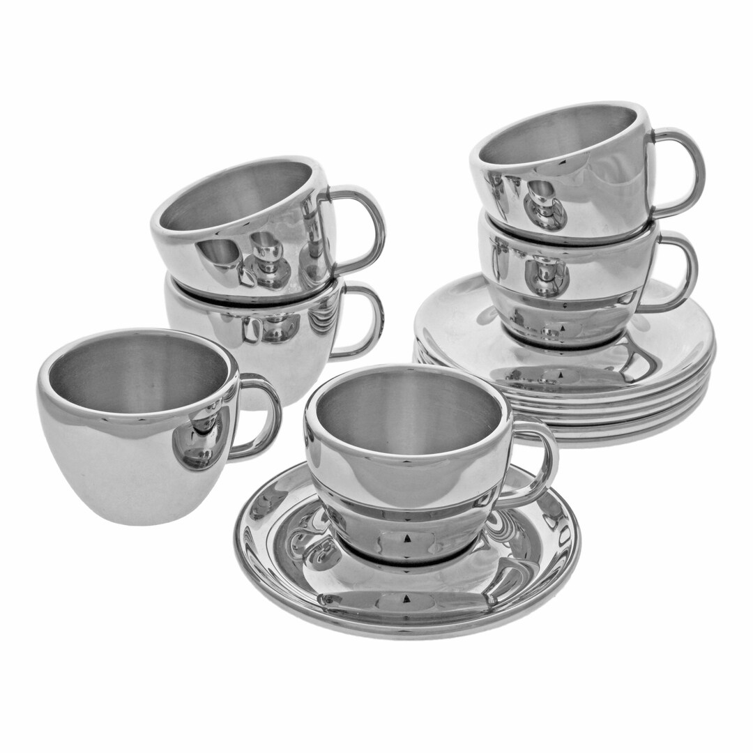 Stainless Steel Espresso Coffee Set Six Cups With Saucers Double Wall ...