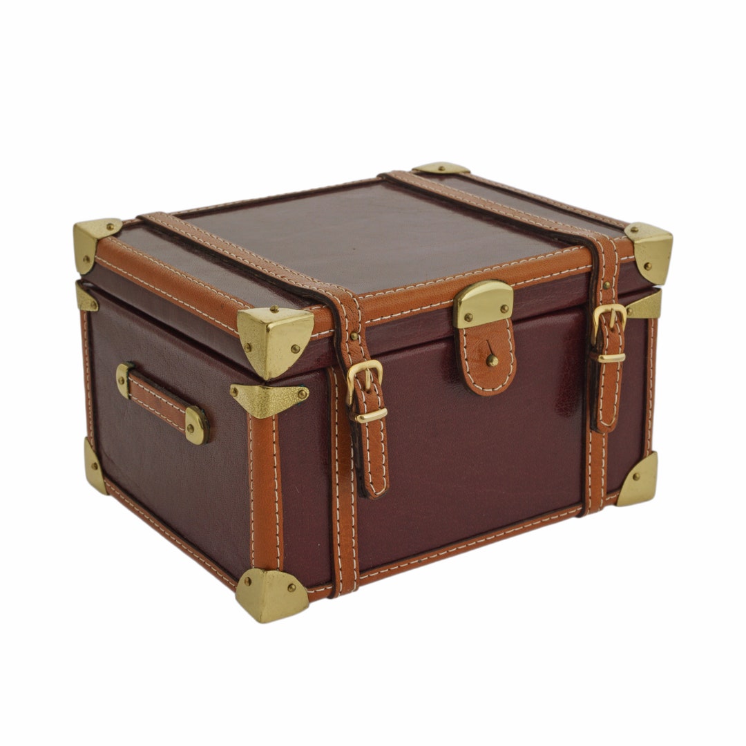 Steamer Trunk Box Burgundy Leather Box Hinged Lid Trinket Box Jewelry ...