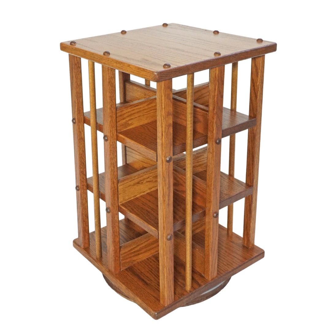Oak Revolving Small Bookcase Three Tier Rotating Storage Stand CD ...