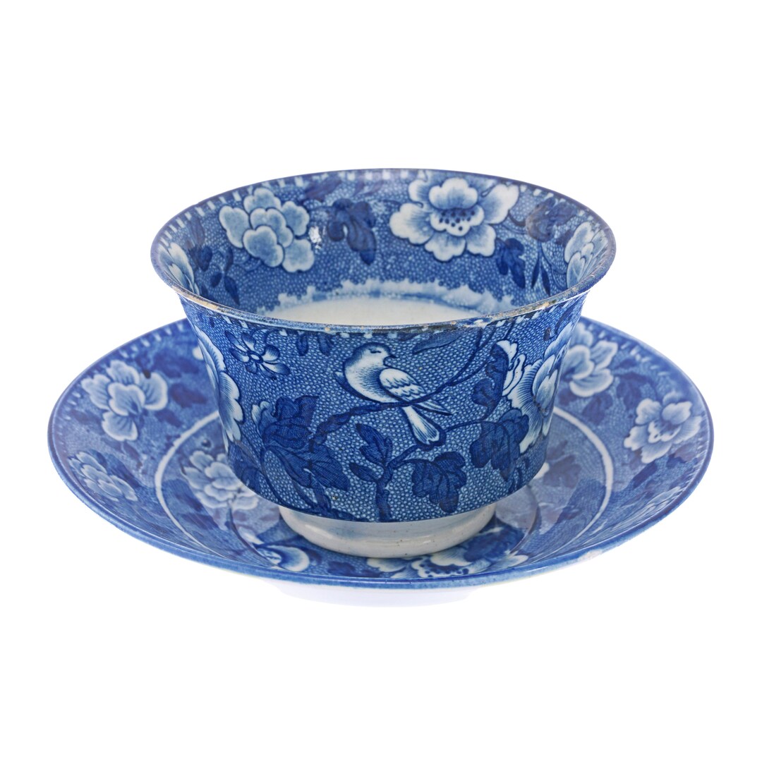 Antique Pearlware Cup and Saucer: Staffordshire Blue Transferware, Bird ...
