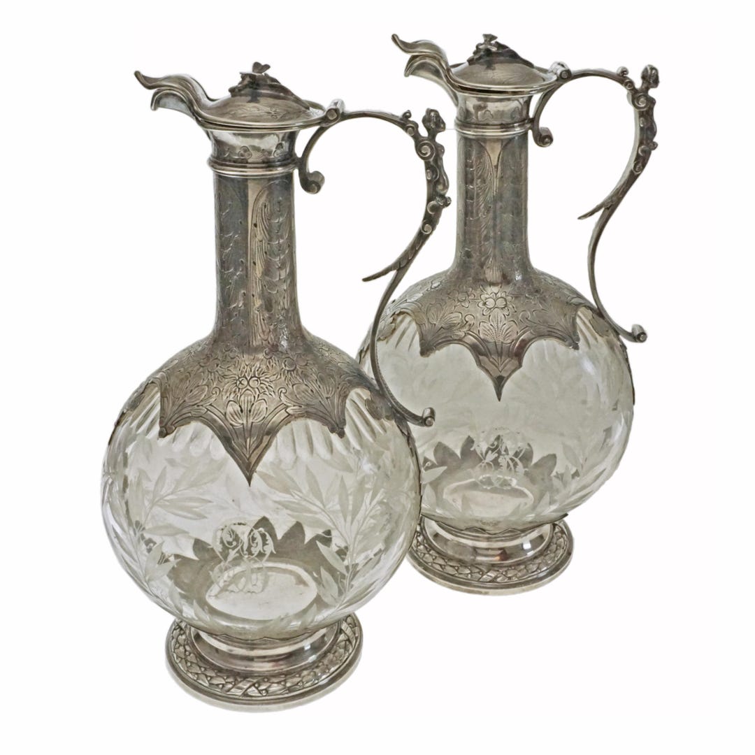 Antique 950 Silver Claret Jugs: French Etched Glass Aiguière, Edmond ...