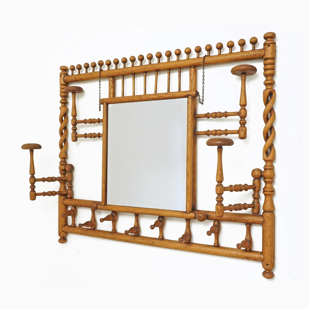 Arts & Crafts Hall Tree Mirror Hat Rack Coat Stick Ball Barley Twist ...