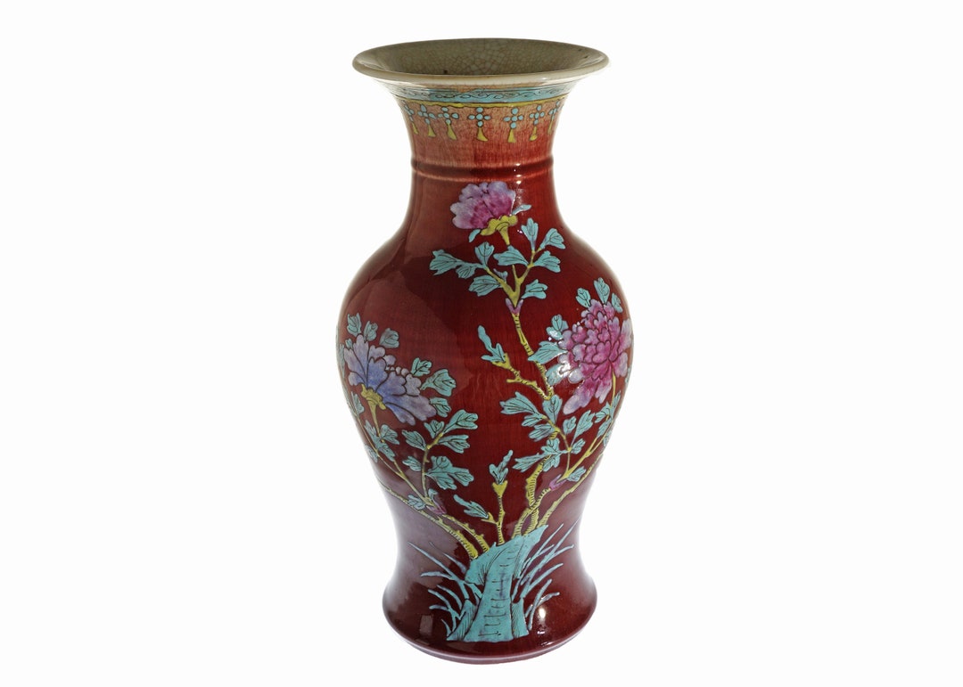 Chinese Copper Red Vase: Painted Enamel Floral Decor, Late Qing Dynasty ...