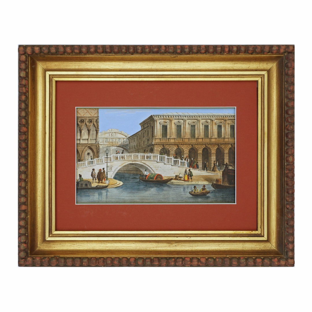 Antique Framed Lithograph: Venice Bridge of Sighs, Hand-painted Gouache ...