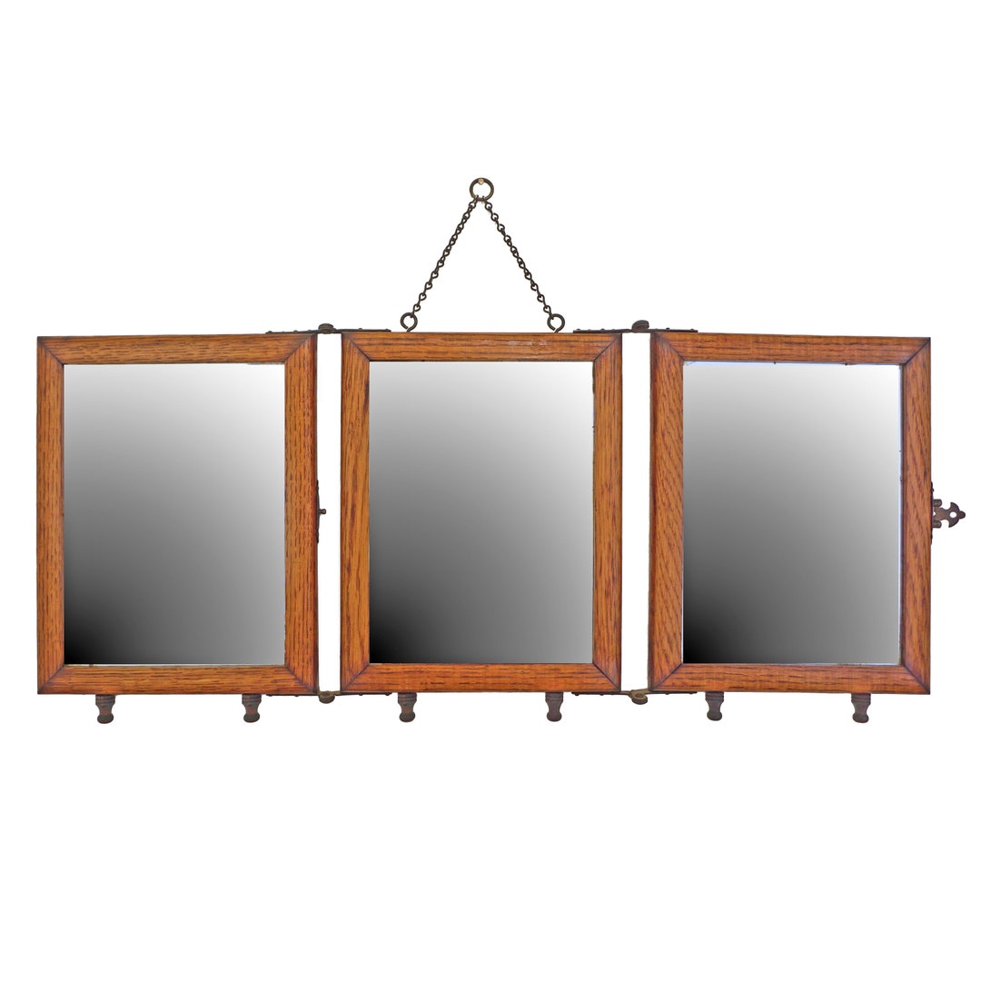 Antique Oak Trifold Mirror Wall Hanging Folding Travel Mirror Vanity ...