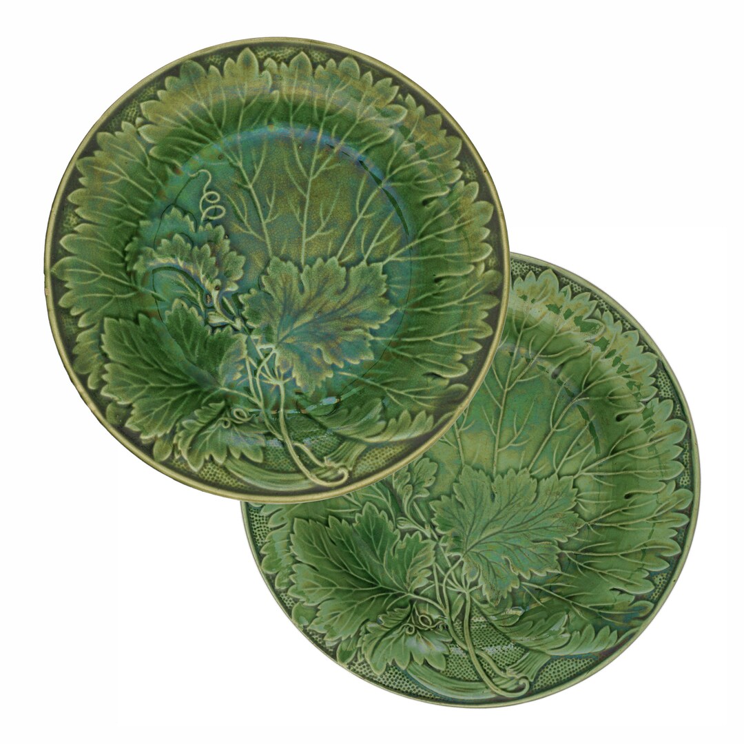 English Majolica Green Leaf Plate Pair Arts Crafts Wall Plate Country ...