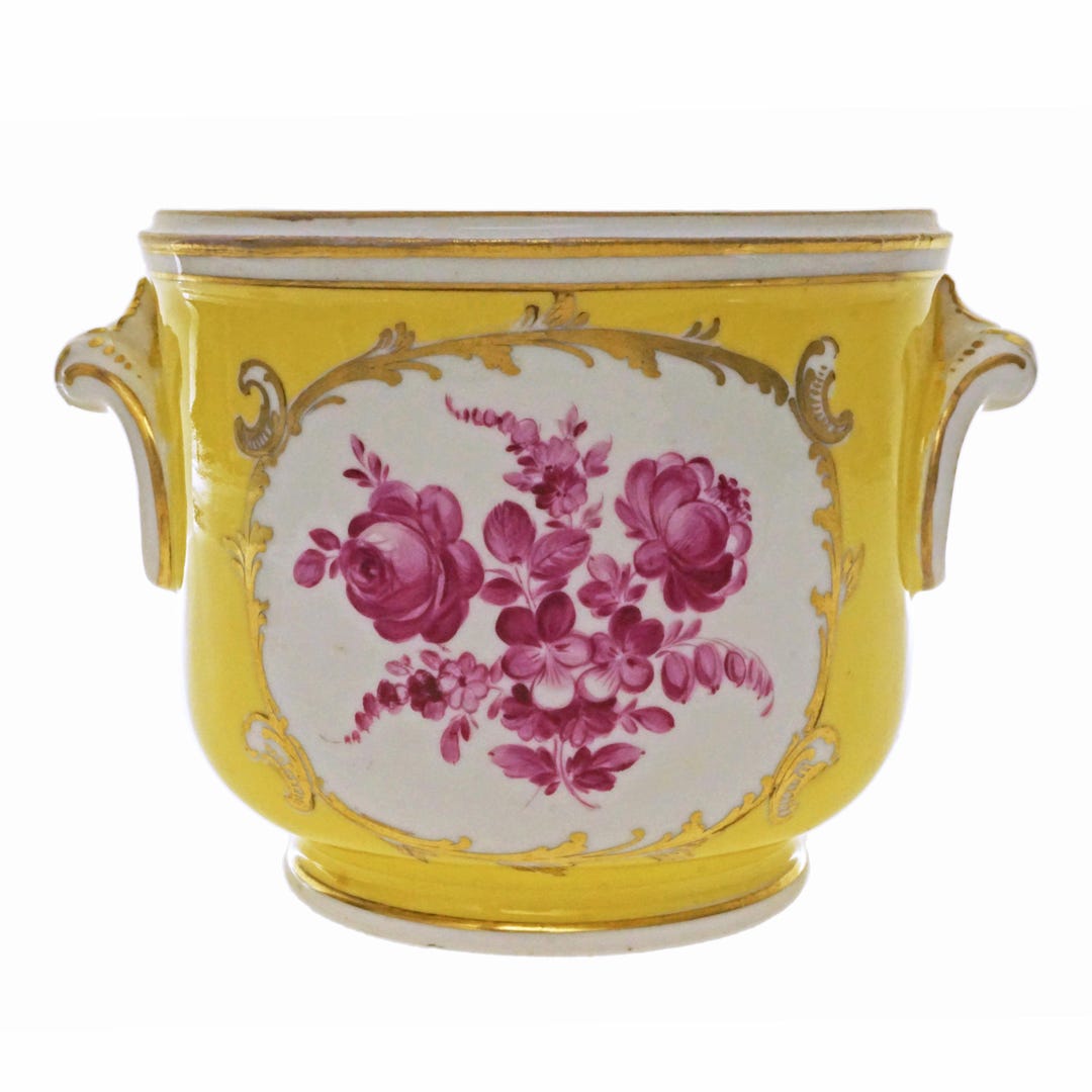 Sevres Style Cachepot Gilded Handles Porcelain Flowerpot Yellow Puce ...
