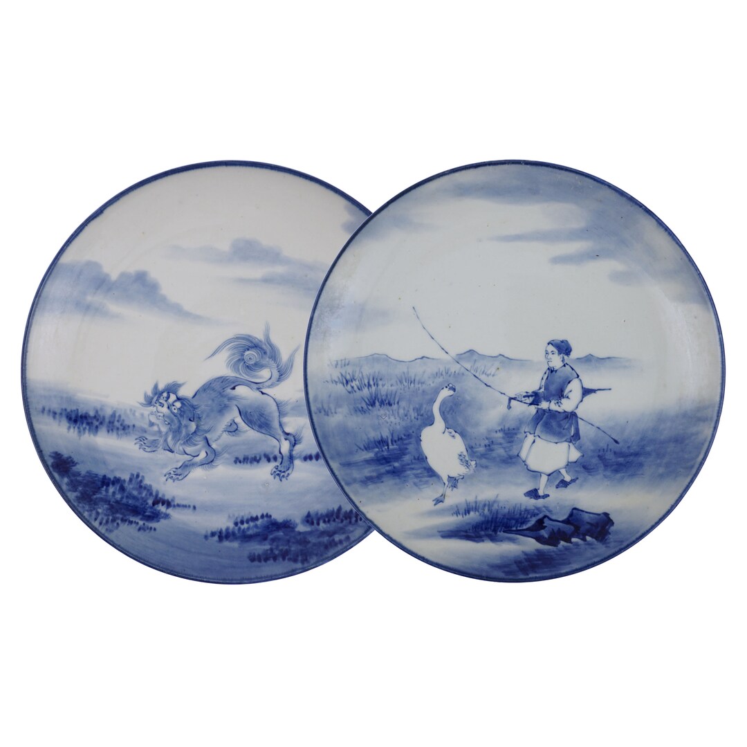 Pair Japanese Ceramic Dishes Plates Blue White Foo Dog Goose Hand ...