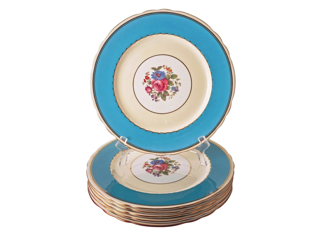 Aynsley Botanical Porcelain Plates Set 6 Turquoise Floral Vintage ...