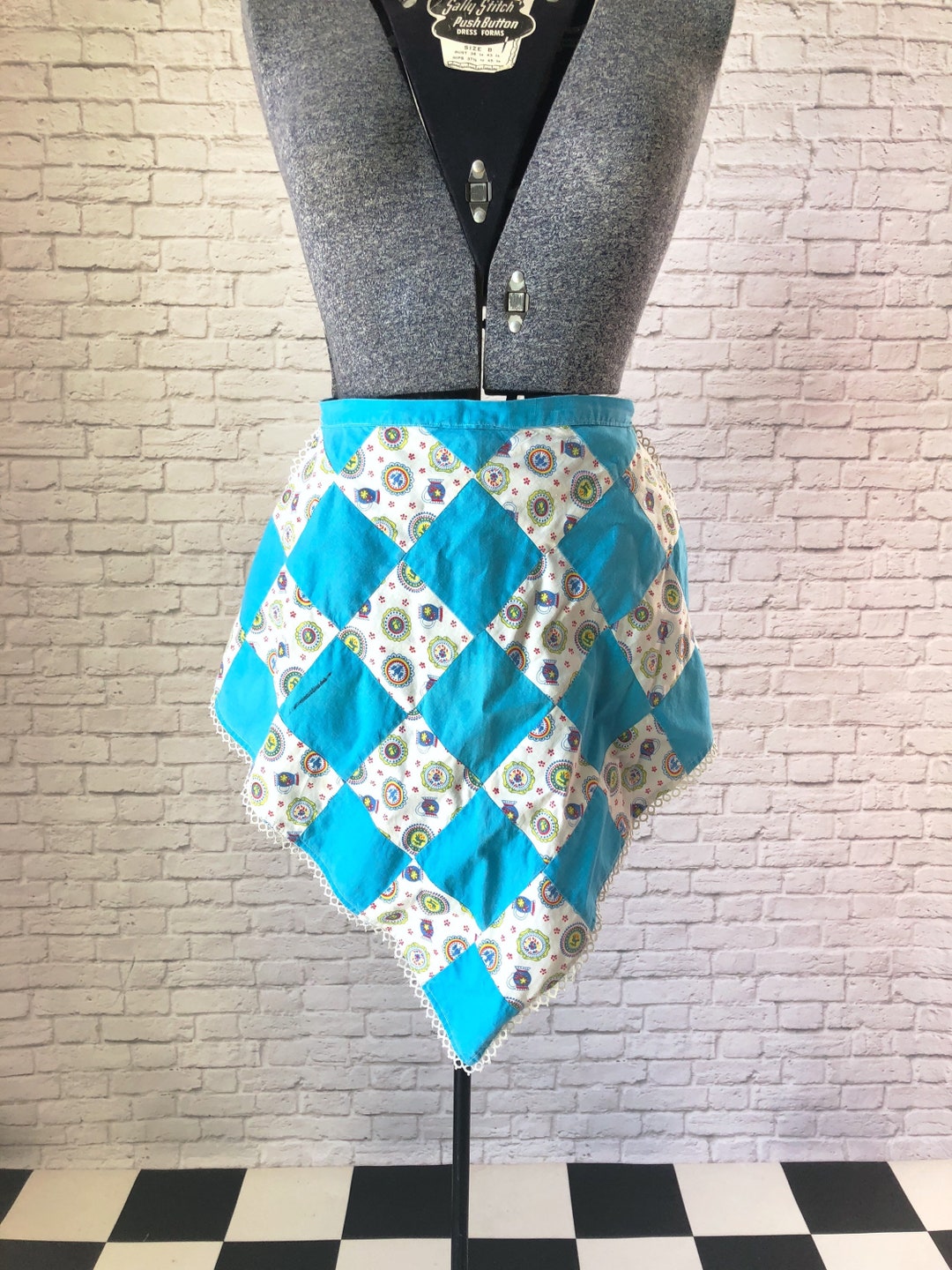 Vintage Patchwork Apron, Blue Vintage Apron, Blue Quilt Half Apron ...