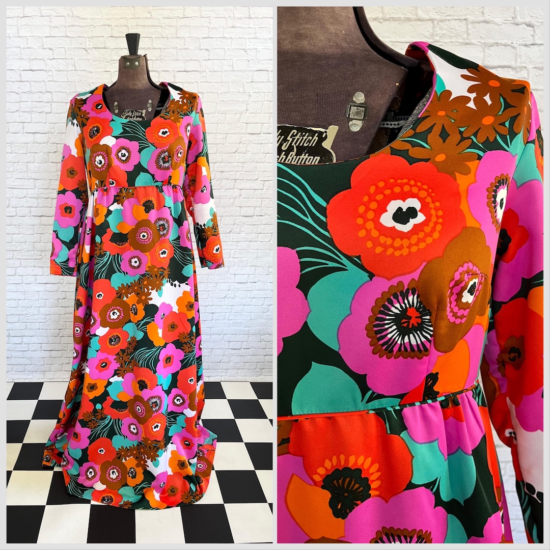 Bright Floral Maxi Dress, Vintage Concept 70s Swirl Dress, M L, Dress ...