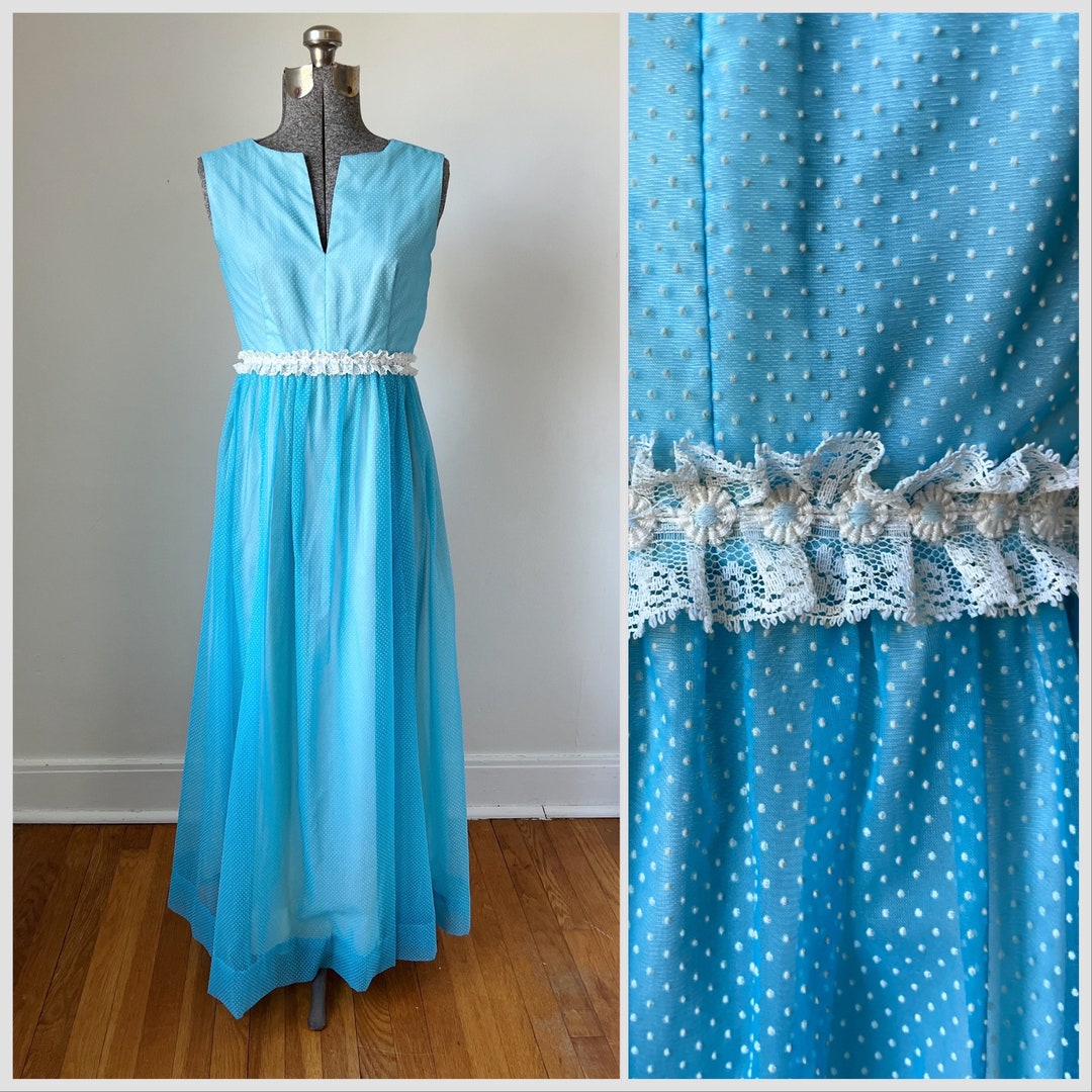Flocked Dotted Swiss Dress, Azure Blue Gown, Bust 34, Daisy Trim, Party ...