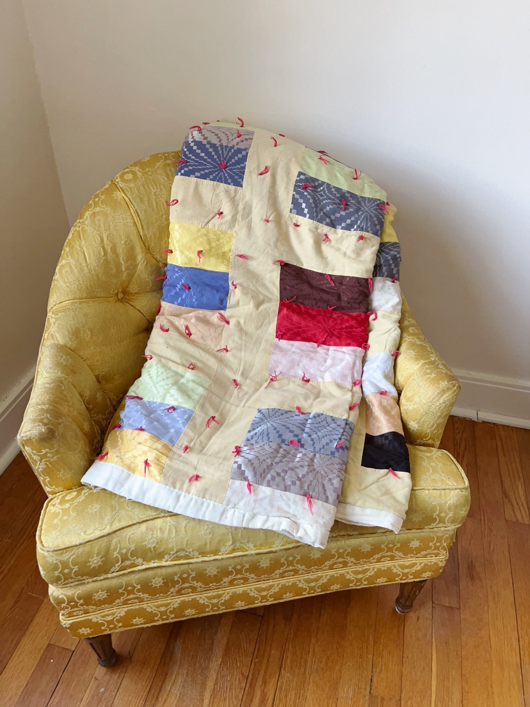 Vintage Rectangular Block Quilt, Patchwork Quilt, Multi-colored, Pale ...