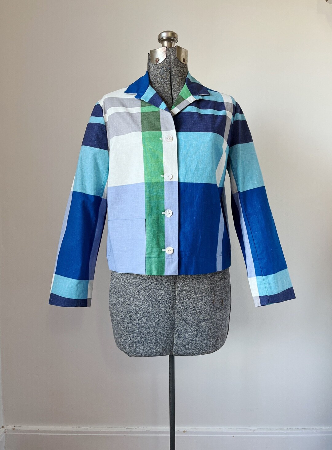 Colorblock Jacket, Blue Green Plaid Blazer, Colorful Blazer Jacket ...