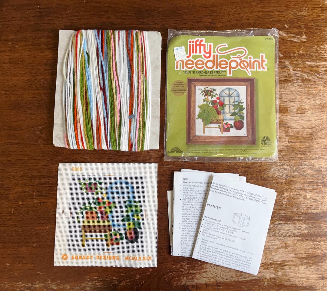 Jiffy Needlepoint Kit, Blue Stained Glass Atrium, Indoor Plant Crewel ...