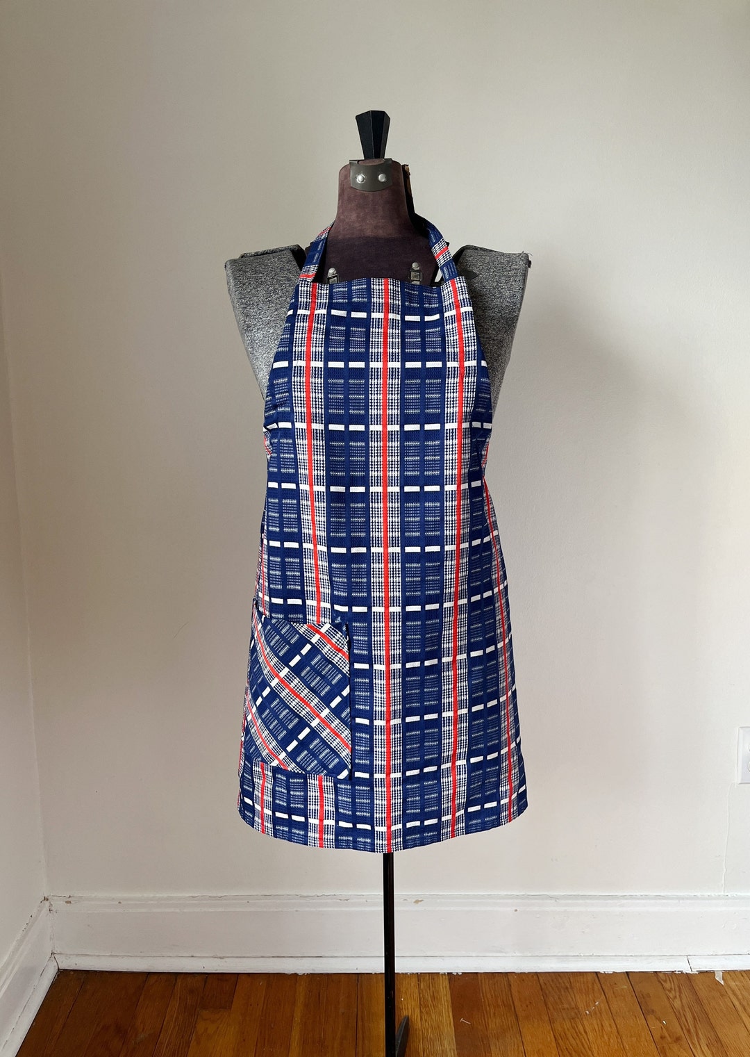 Plaid Full Apron Red White and Blue Apron Tie Back Vintage - Etsy