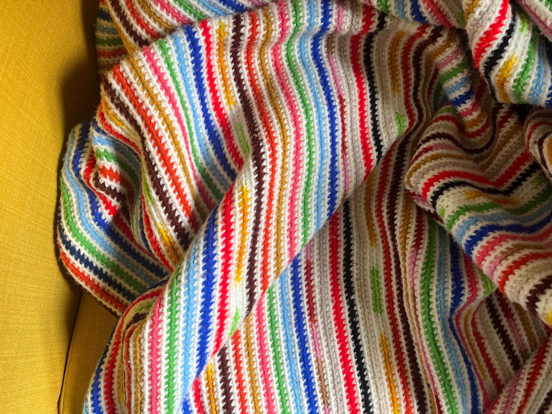 Rainbow Striped Afghan, Textured Throw Blanket, Multi-colored Striped ...