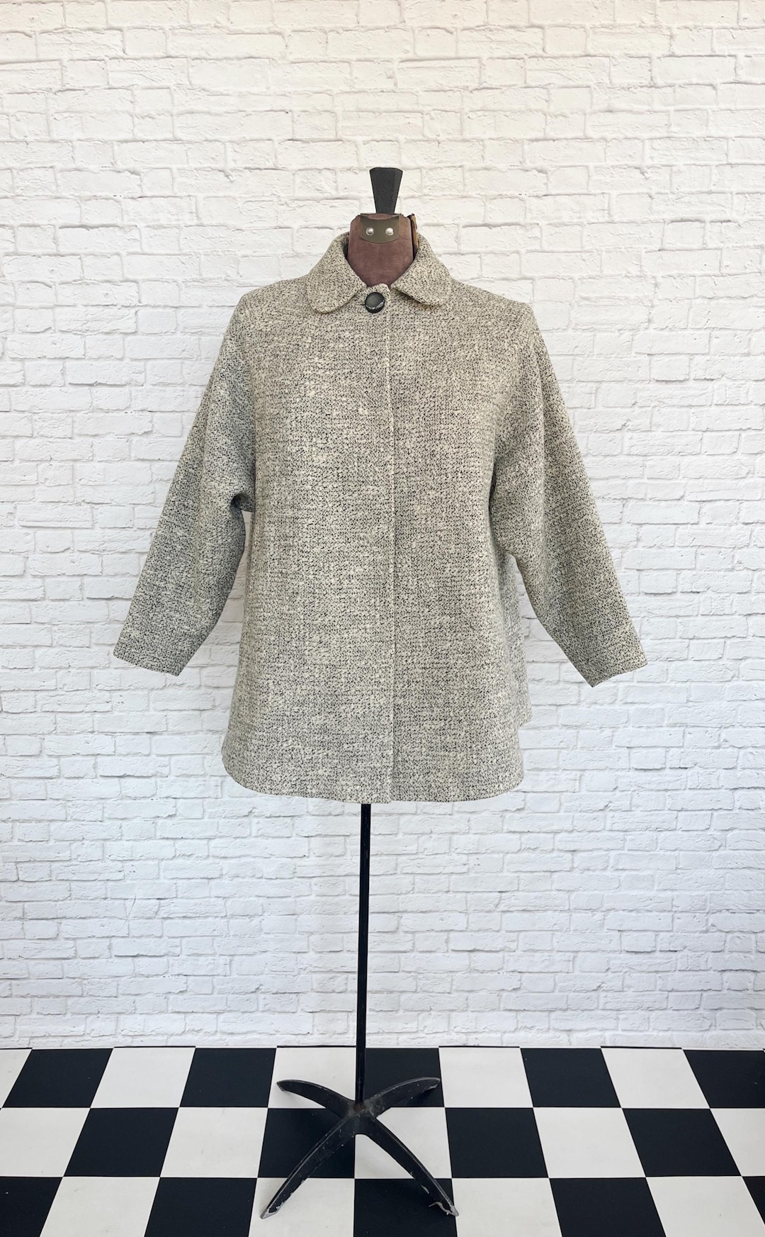 Vintage Swing Coat, One Button Wool Coat, Peter Pan Collar, Black and ...