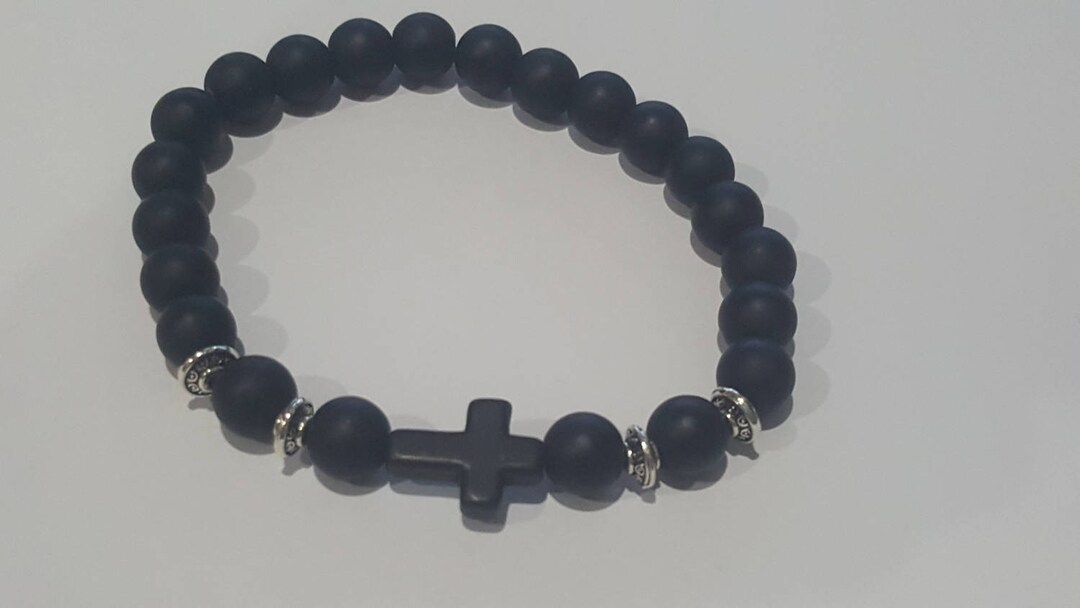 Cross Black Matte Beads Bracelet - Etsy