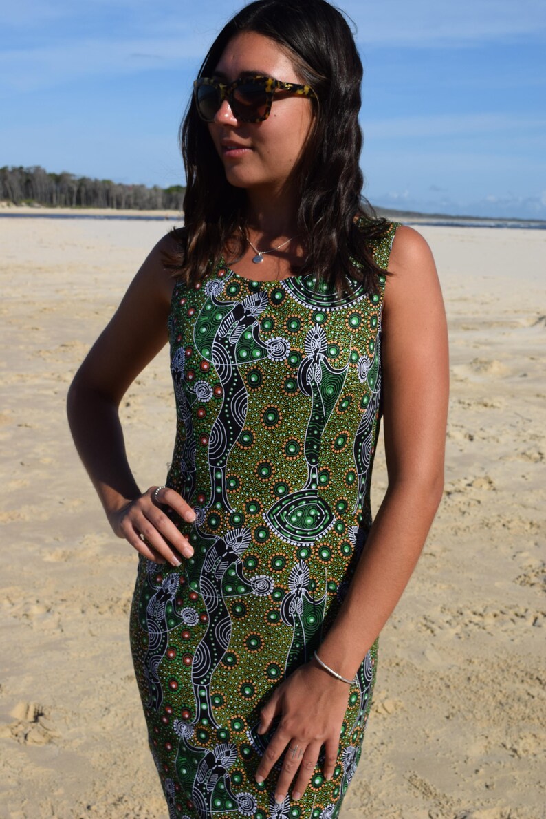 Sheath Dress Aboriginal Artwork Print Dancing Spirit Green 100% Cotton ...