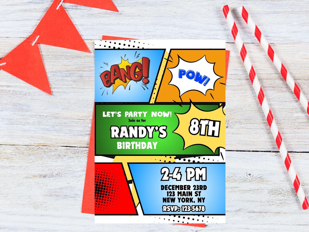 Editable Superhero Birthday Invitation Template, Comic Book Birthday ...