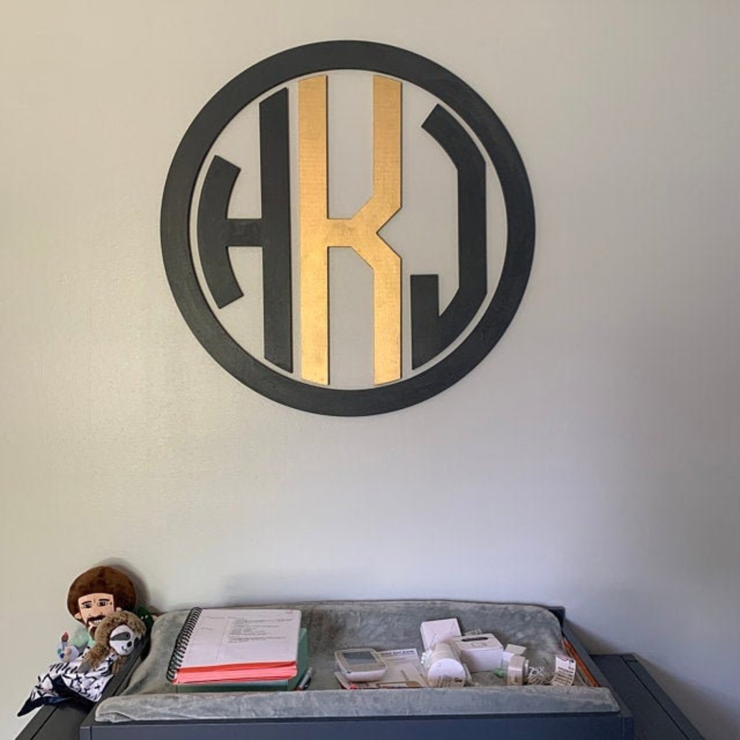 Black and Gold Circle Wooden Monogram With Border, Circle Block Letter ...