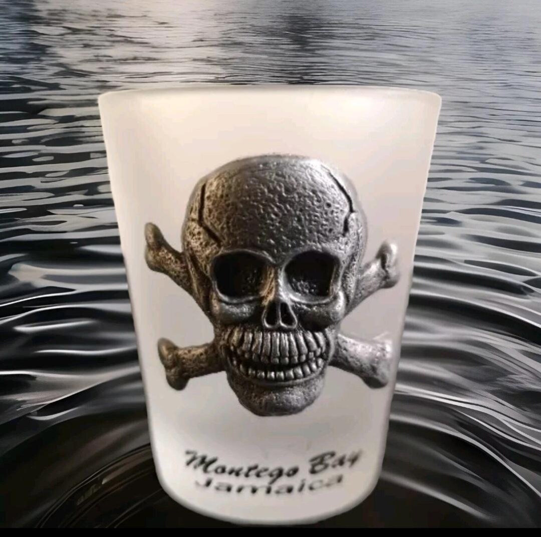 Vintage Pewter Skull Shot Glass Montego Bay Jamaica Clear Glass Barware ...