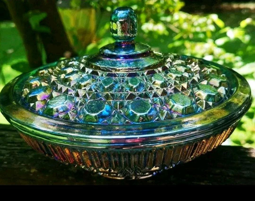 Gorgeous Indiana Iridescent Blue Carnival Glass Windsor Pattern Candy ...