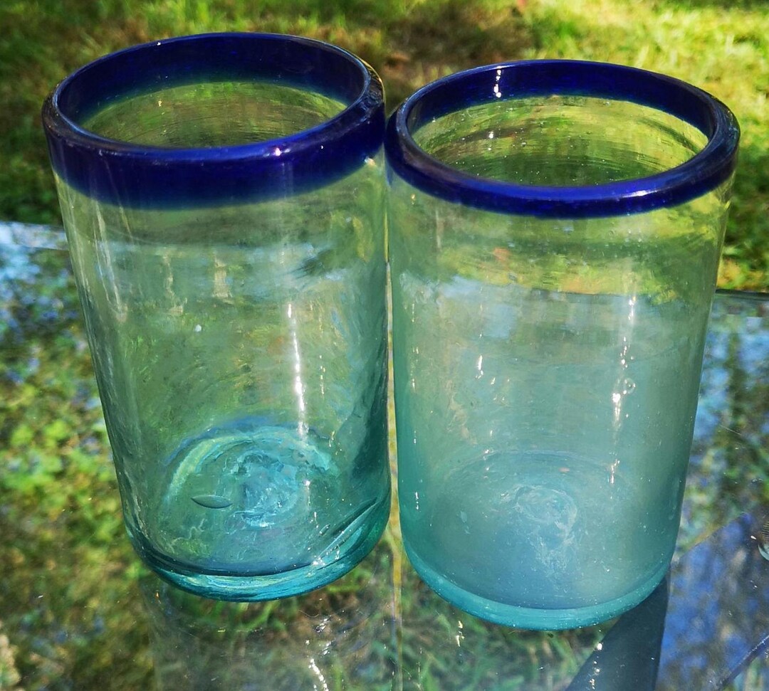 Hand-blown Mexican Glassware – Cobalt Blue Rim, Artisan Set (C9 ...