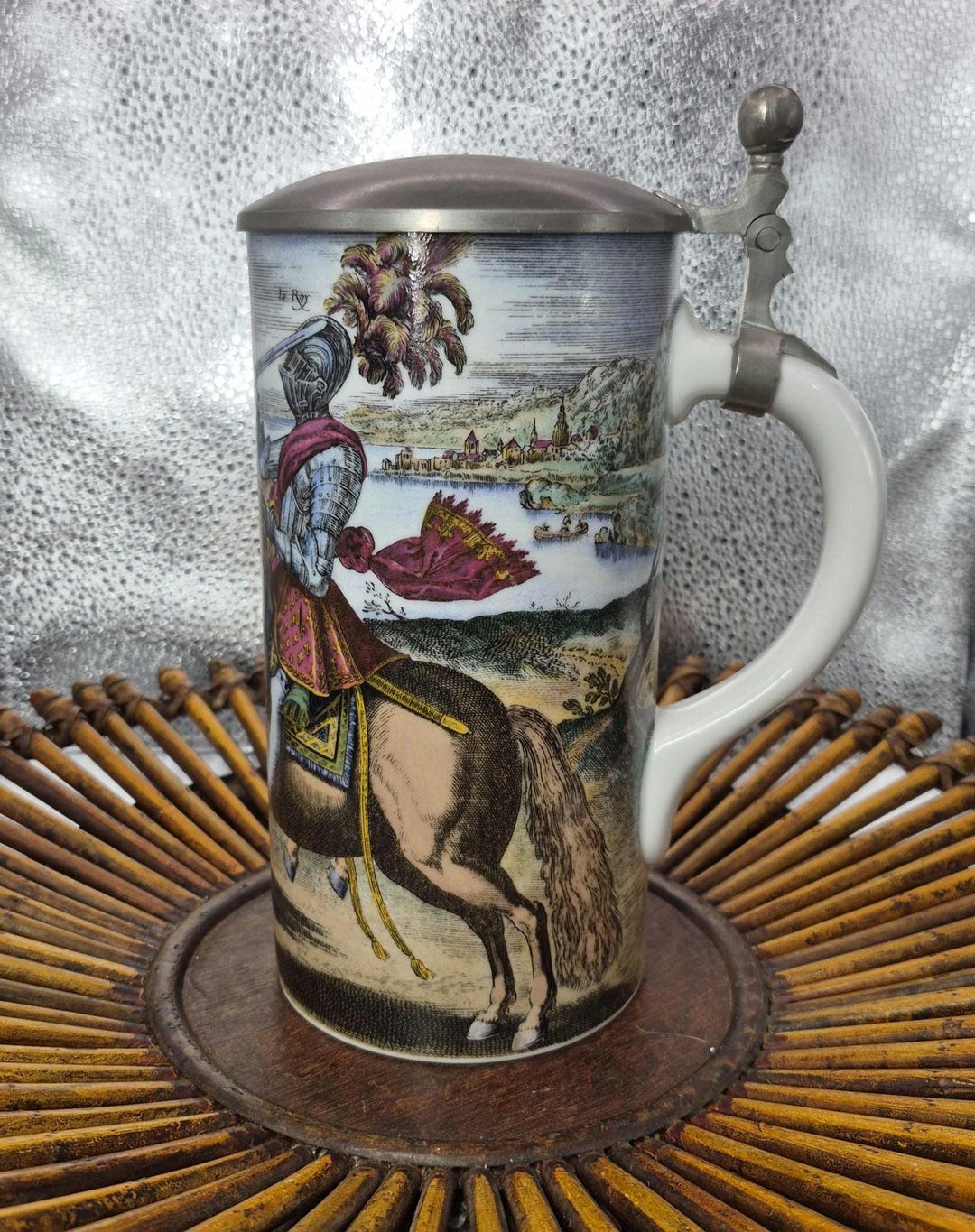 German Style Lidded Beer Stein Medieval Knight Jousting Porcelain ...