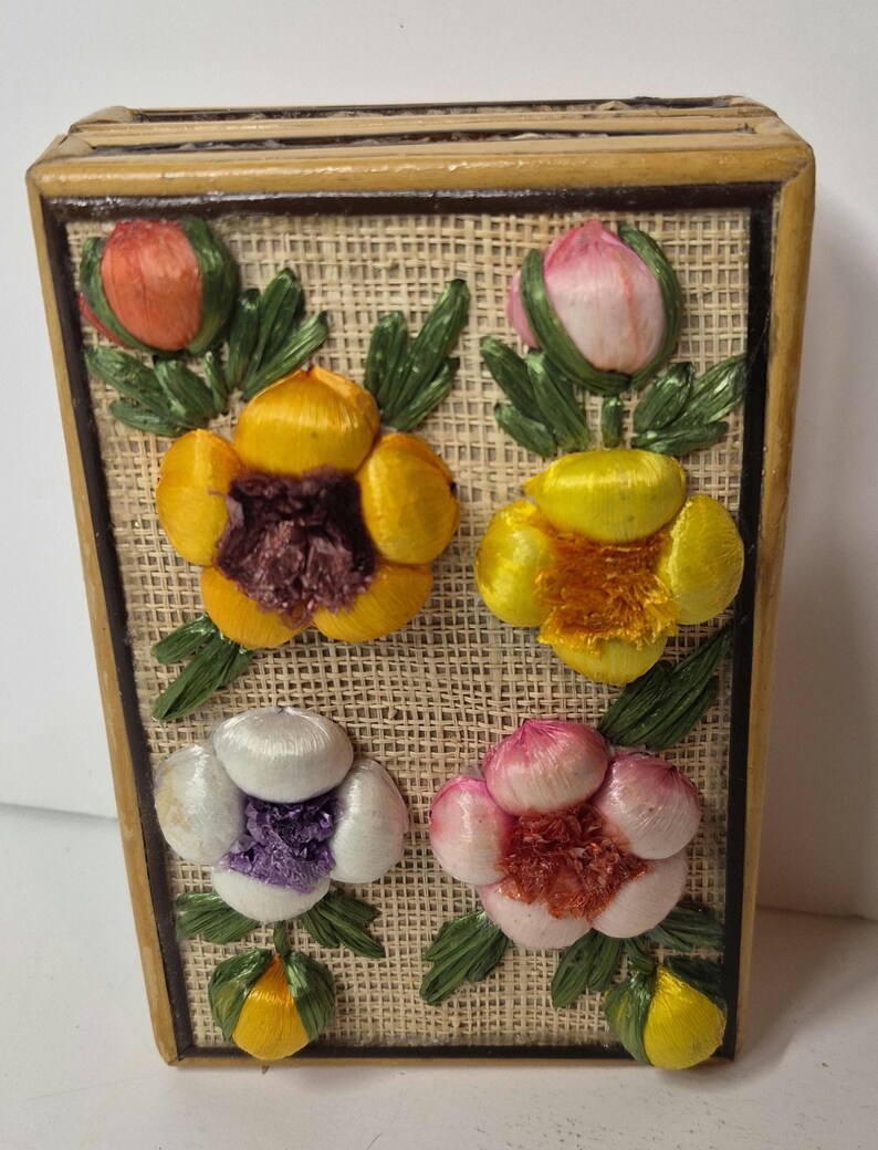 Vintage Wooden Floral Trinket Box Ribbon Embroidery Lid Woven Top ...