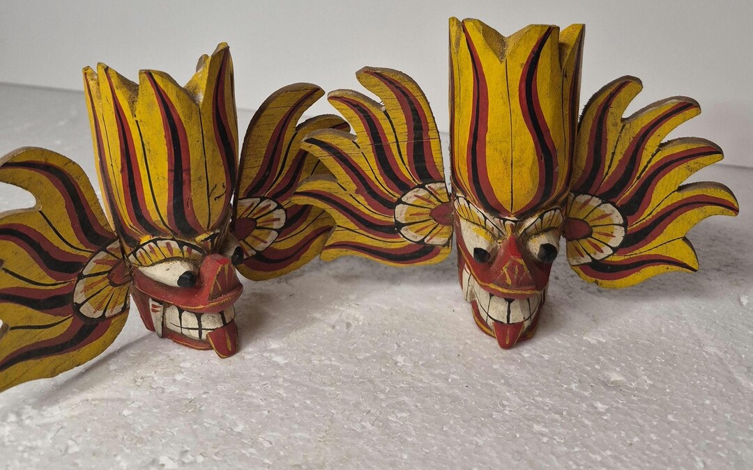 Vintage Gini Raksha Fire Demon Mask, Hand-carved Kaduru Wood Cultural ...