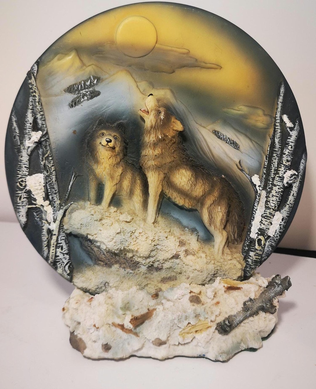 Vintage Moon Wolf Plate With 3D Stand 7 Diameter Decorative Wildlife ...