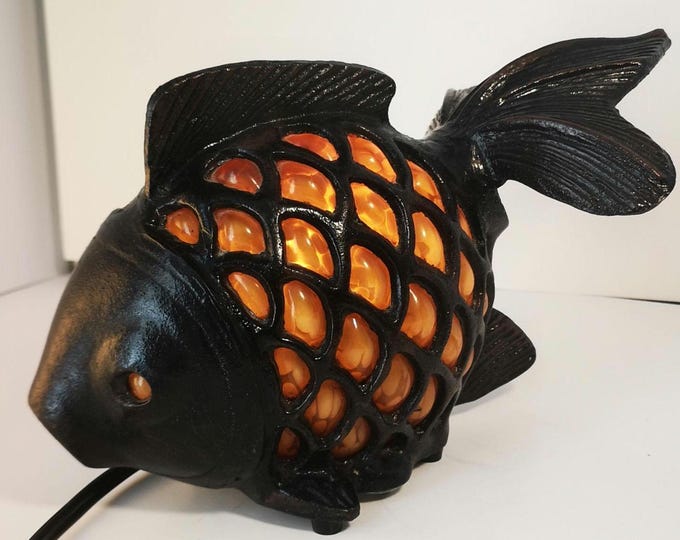 Vintage Cast Iron Koi Fish/goldfish Table Lamp With Amber Glass Insert ...