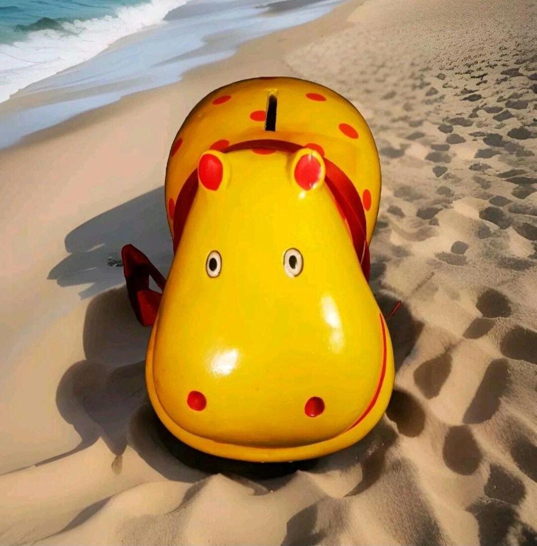 Adorable 1970s Fitz and Floyd Yellow Hippo Piggy Bank With Orange Polka ...