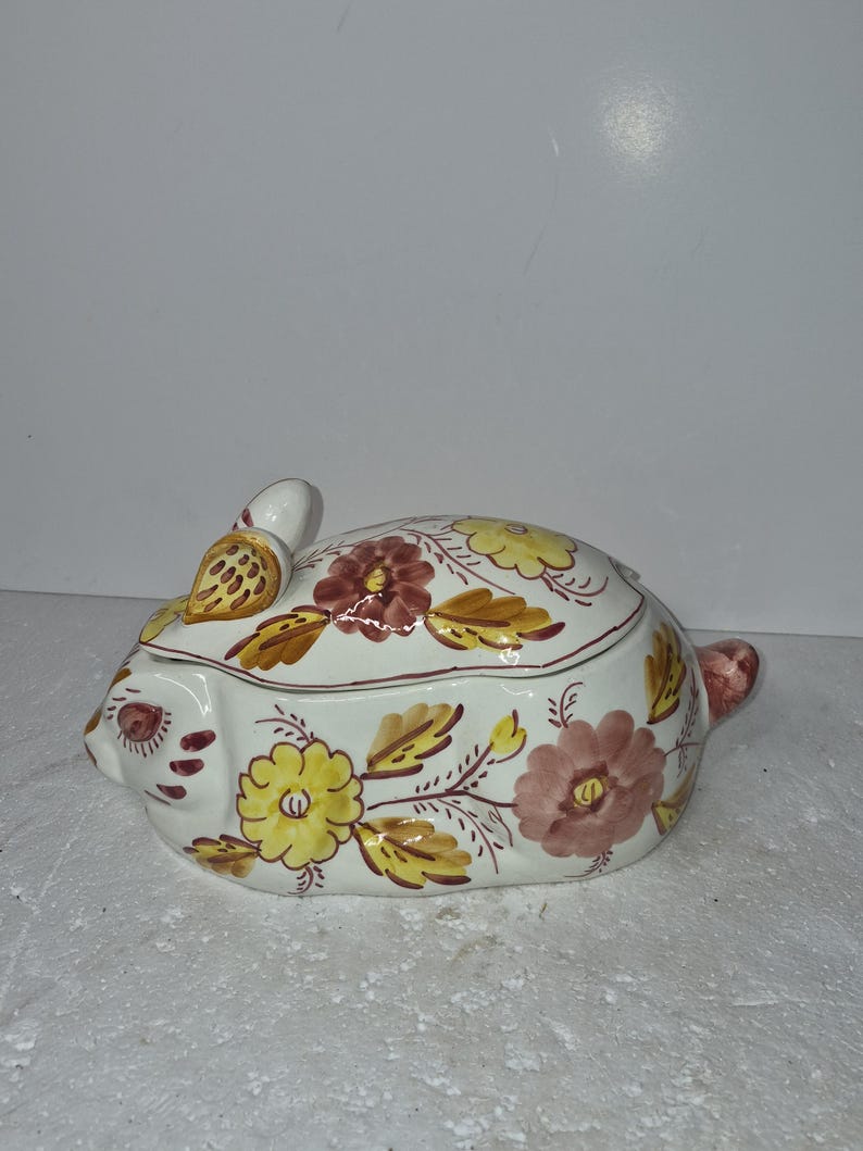 Vintage SECLA Portugal Ceramic Rabbit Covered Dish Hand Painted Floral ...