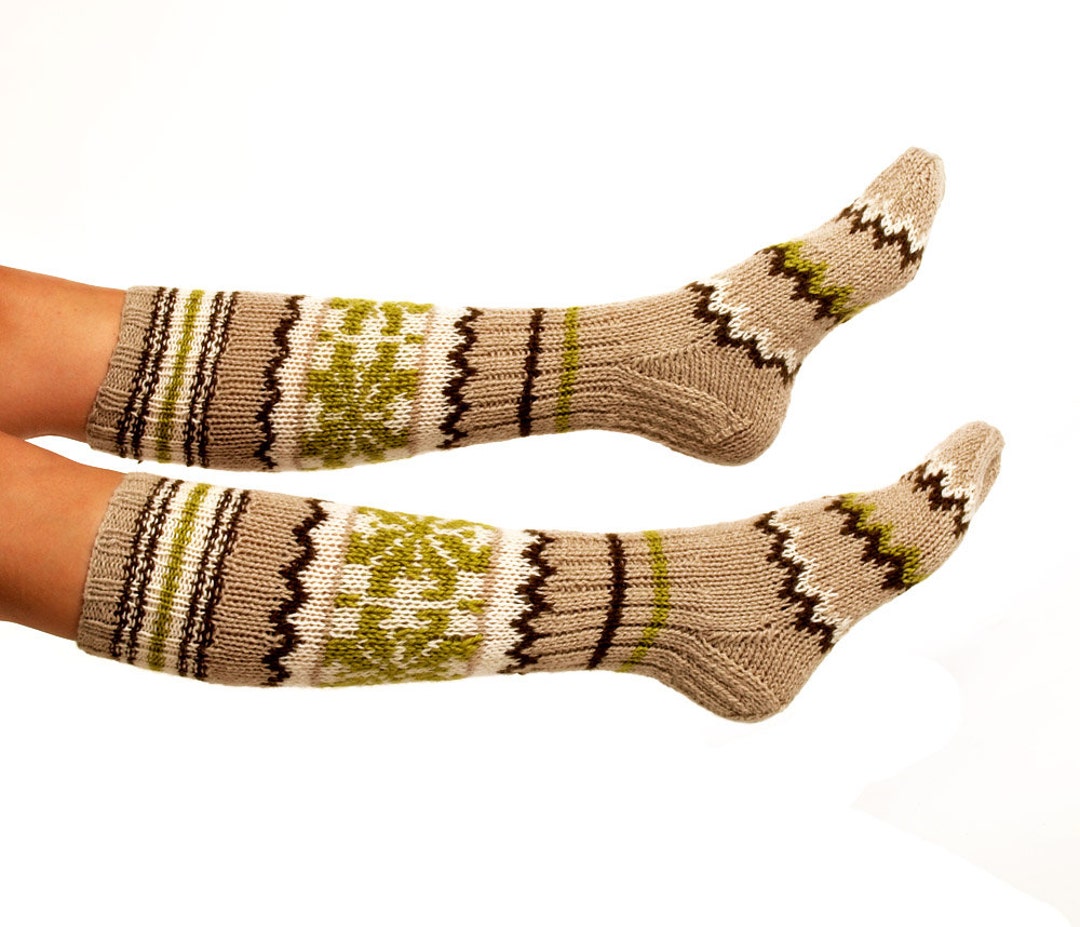 LONG SOCKS "ornamented Treasure" Hand Knitted From Natural Sand Color ...