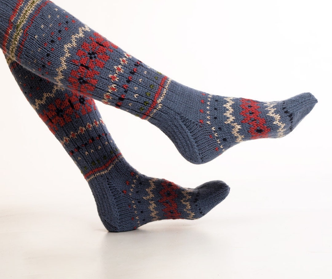 SOCKS " Blue Ocean Jazz" Hand Knitted Long Blue Ornamented Socks Made ...