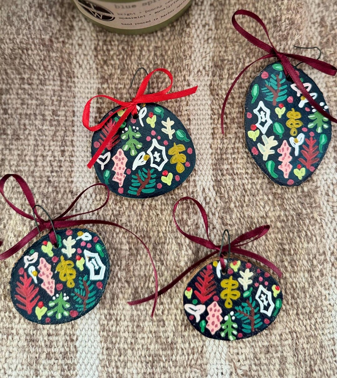 Set of 4 Festive Folksy Winter Botanical Christmas Ornaments, Hand ...