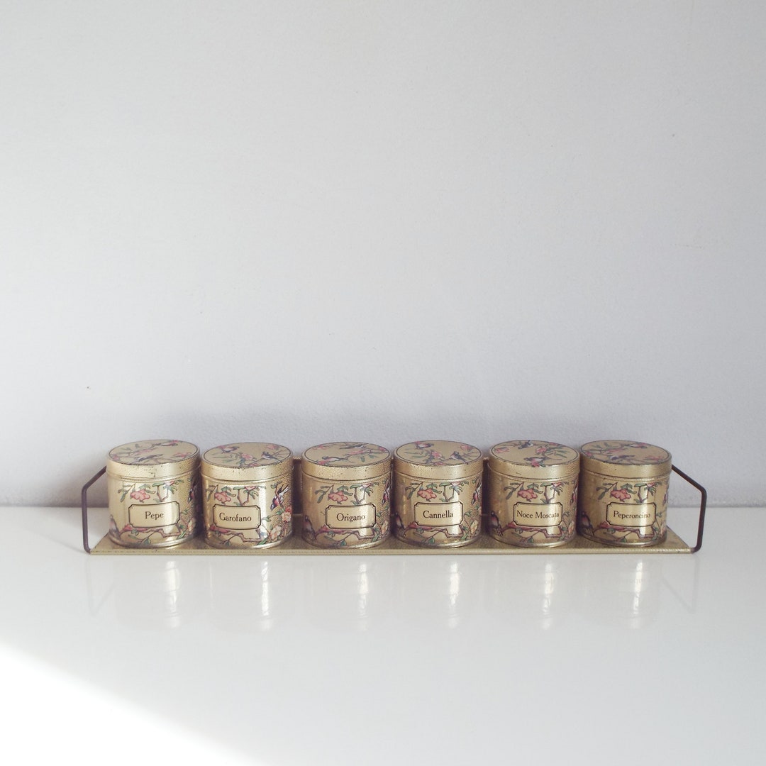 Vintage Metal Spice Rack With 6 Small Round Containers, Metal Tin Boxes ...