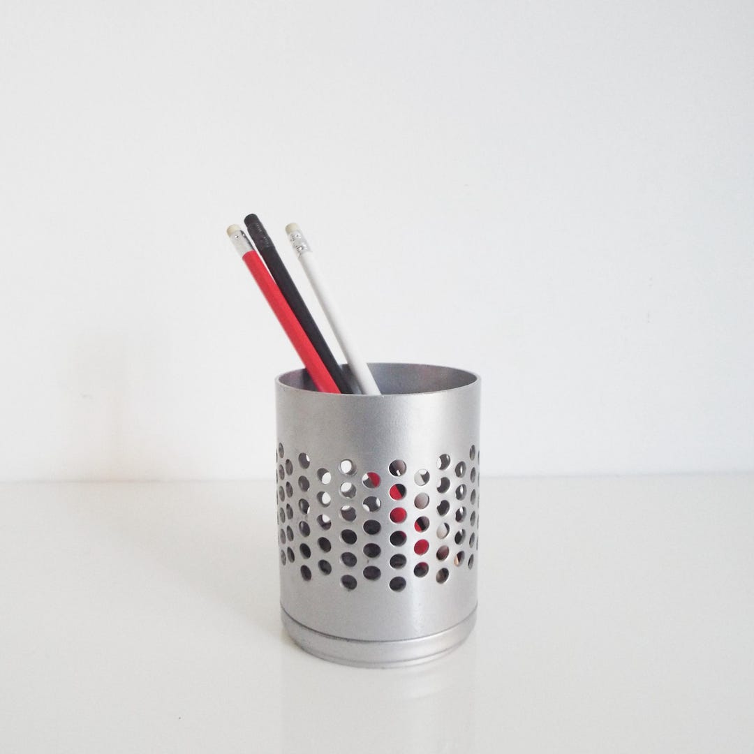 Vintage Memphis Style Pencil Holder: Gray Perforated Metal Desk ...