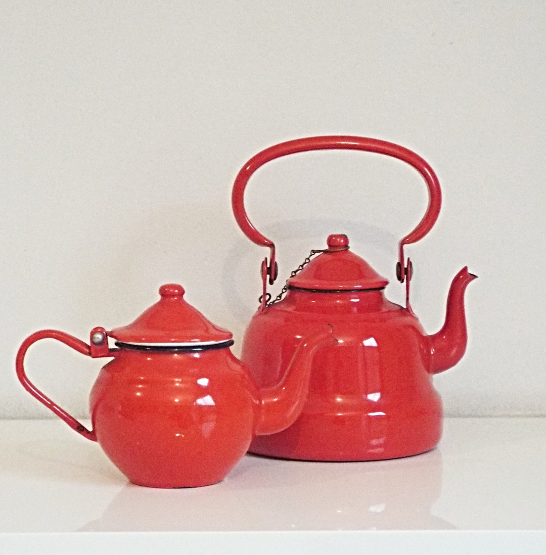 Vintage Enamel Red Kettle Metal Teapot Coffeepot Enamelware - Etsy