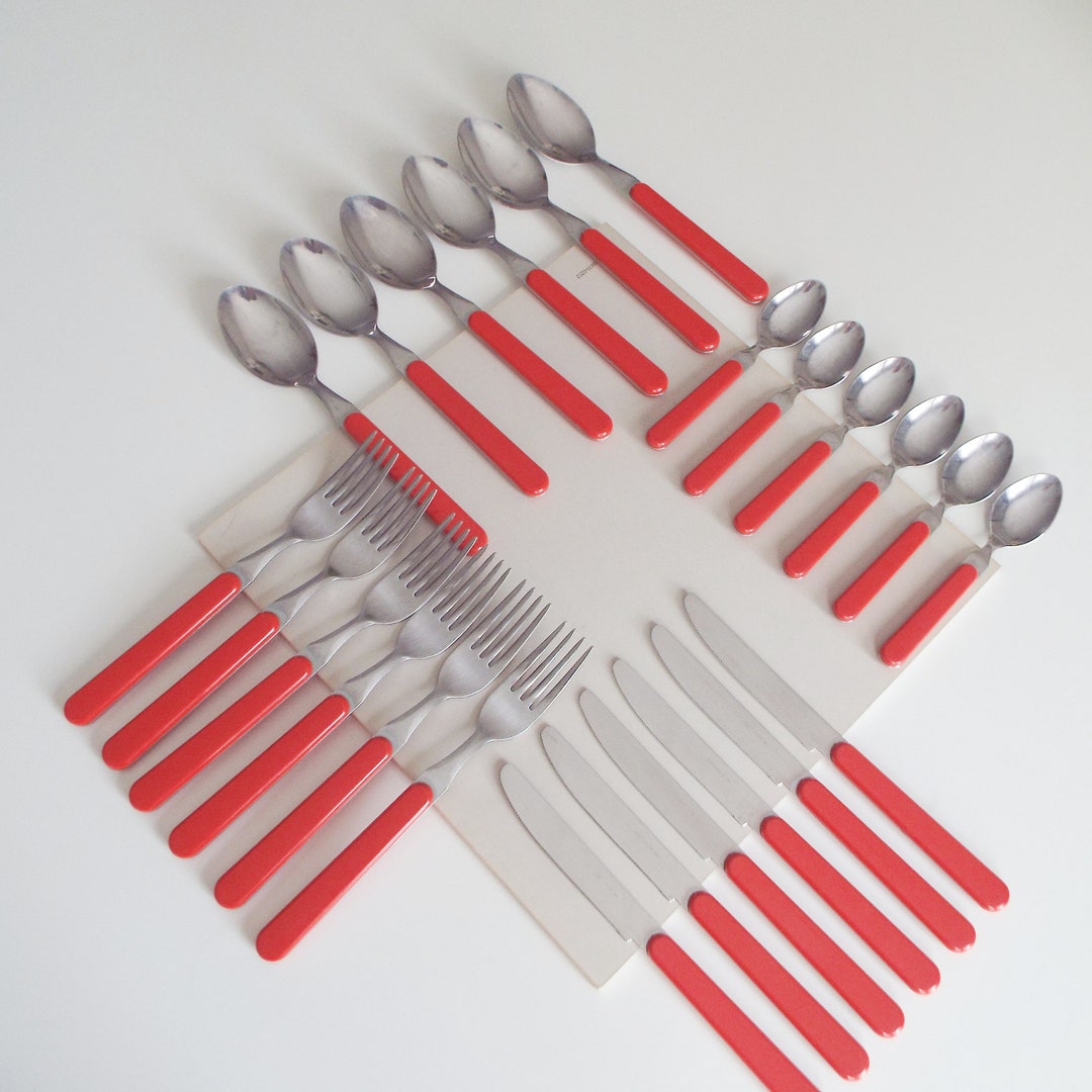 Vintage Abert Flatware, 24 Pc Red Stainless Cutlery Set, Forks Spoons ...
